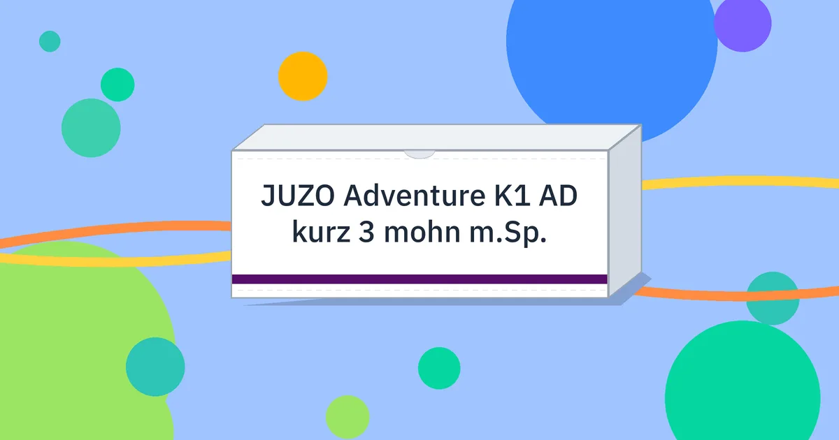 Symbolbild: Packung mit der Aufschrift JUZO Adventure K1 AD kurz 3 mohn m.Sp. (PZN 14972221) – Verfügbarkeit und Bezug in Apotheken in Frankfurt am Main