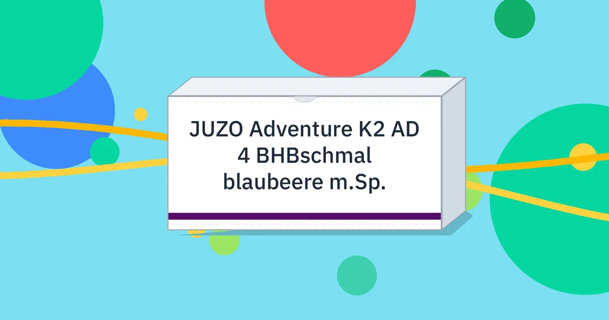 Symbolbild: Packung mit der Aufschrift JUZO Adventure K2 AD 4 BHBschmal blaubeere m.Sp. (PZN 16345698) – Verfügbarkeit und Bezug in Apotheken in Frankfurt am Main