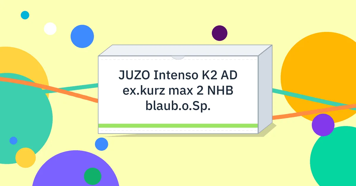 Symbolbild: Packung mit der Aufschrift JUZO Intenso K2 AD ex.kurz max 2 NHB blaub.o.Sp. (PZN 18620996) – Verfügbarkeit und Bezug in Apotheken in Frankfurt am Main