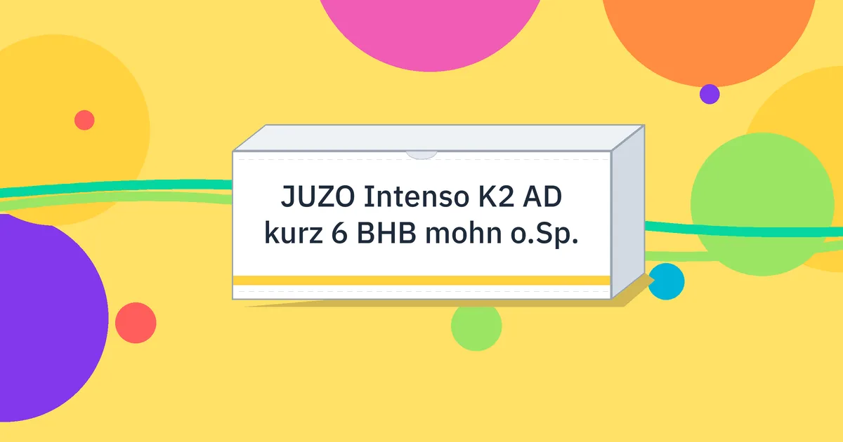 Symbolbild: Packung mit der Aufschrift JUZO Intenso K2 AD kurz 6 BHB mohn o.Sp. (PZN 18625284) – Verfügbarkeit und Bezug in Apotheken in Frankfurt am Main