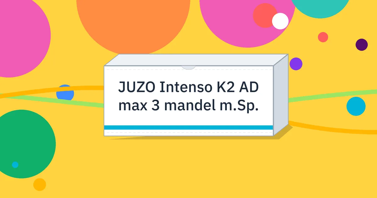 Symbolbild: Packung mit der Aufschrift JUZO Intenso K2 AD max 3 mandel m.Sp. (PZN 18609351) – Verfügbarkeit und Bezug in Apotheken in Frankfurt am Main