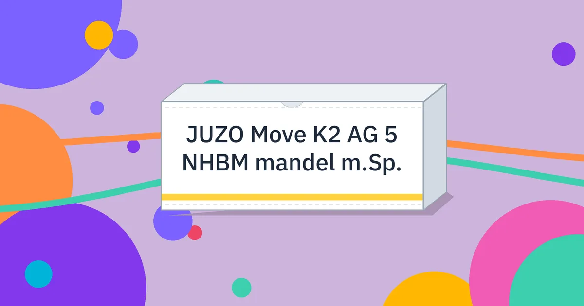 Symbolbild: Packung mit der Aufschrift JUZO Move K2 AG 5 NHBM mandel m.Sp. (PZN 16642396) – Verfügbarkeit und Bezug in Apotheken in Frankfurt am Main
