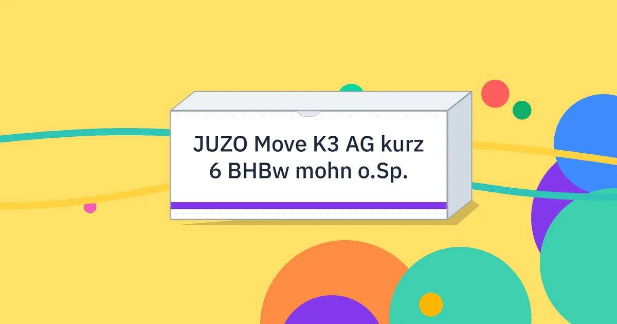 Symbolbild: Packung mit der Aufschrift JUZO Move K3 AG kurz 6 BHBw mohn o.Sp. (PZN 18593733) – Verfügbarkeit und Bezug in Apotheken in Frankfurt am Main