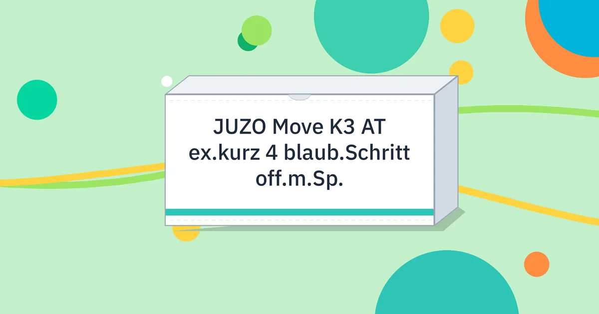 Symbolbild: Packung mit der Aufschrift JUZO Move K3 AT ex.kurz 4 blaub.Schritt off.m.Sp. (PZN 20680646) – Verfügbarkeit und Bezug in Apotheken in Frankfurt am Main