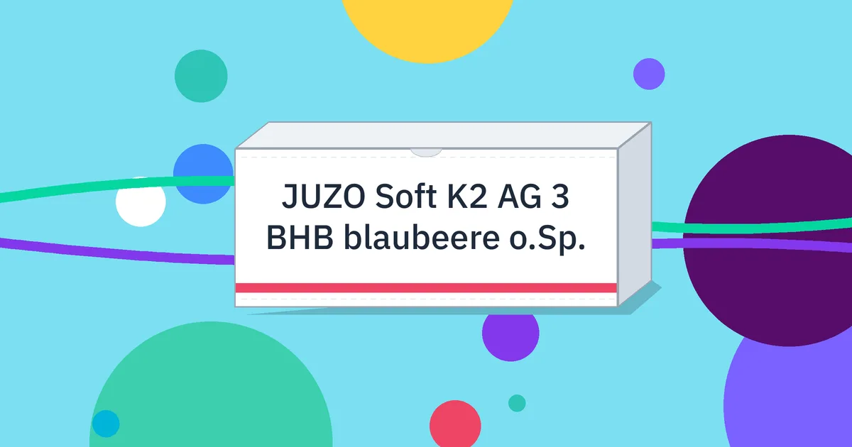 Symbolbild: Packung mit der Aufschrift JUZO Soft K2 AG 3 BHB blaubeere o.Sp. (PZN 14825595) – Verfügbarkeit und Bezug in Apotheken in Frankfurt am Main