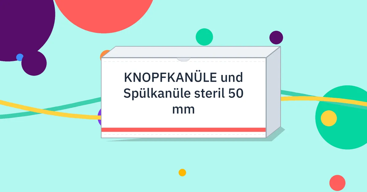 Symbolbild: Packung mit der Aufschrift KNOPFKANÜLE und Spülkanüle steril 50 mm (PZN 18832764) – Verfügbarkeit und Bezug in Apotheken in Frankfurt am Main