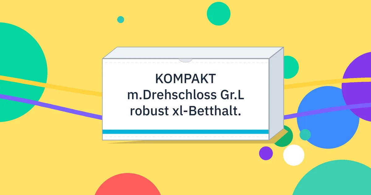 Symbolbild: Packung mit der Aufschrift KOMPAKT m.Drehschloss Gr.L robust xl-Betthalt. (PZN 11569045) – Verfügbarkeit und Bezug in Apotheken in Frankfurt am Main
