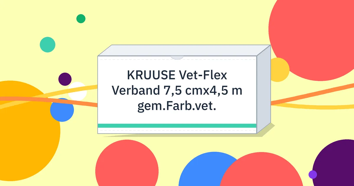 Symbolbild: Packung mit der Aufschrift KRUUSE Vet-Flex Verband 7,5 cmx4,5 m gem.Farb.vet. (PZN 18443471) – Verfügbarkeit und Bezug in Apotheken in Frankfurt am Main