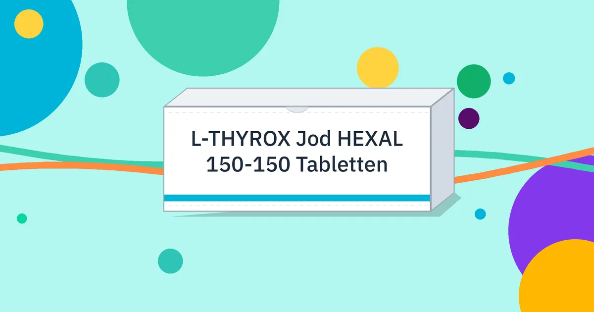 Symbolbild: Packung mit der Aufschrift L-THYROX Jod HEXAL 150-150 Tabletten (PZN 04116113) – Verfügbarkeit und Bezug in Apotheken in Frankfurt am Main