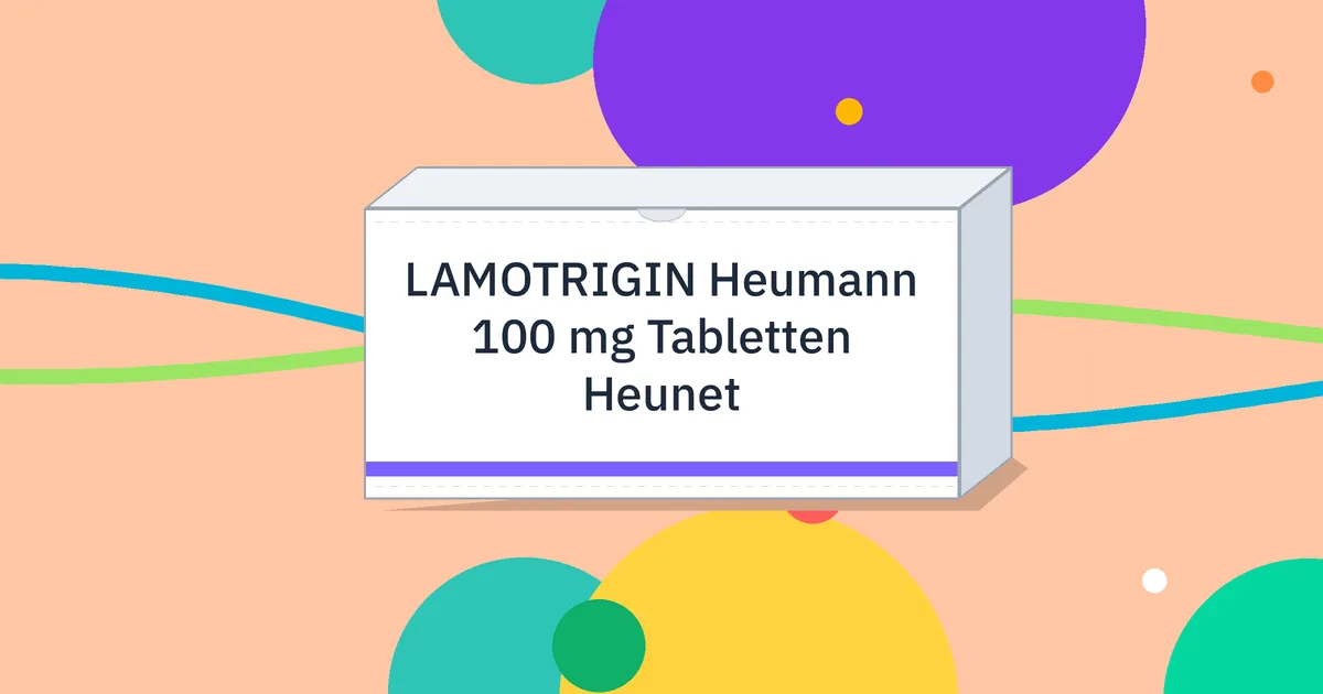 Symbolbild: Packung mit der Aufschrift LAMOTRIGIN Heumann 100 mg Tabletten Heunet (PZN 15304071) – Verfügbarkeit und Bezug in Apotheken in Frankfurt am Main