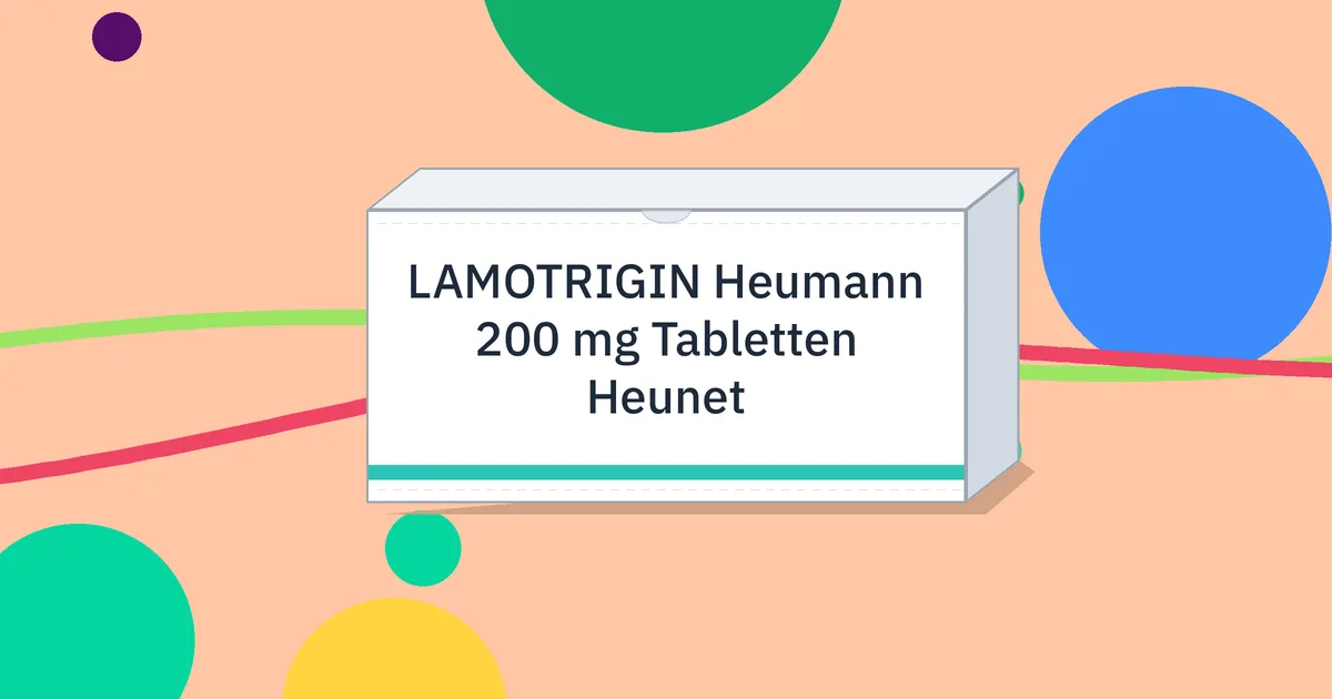 Symbolbild: Packung mit der Aufschrift LAMOTRIGIN Heumann 200 mg Tabletten Heunet (PZN 15304119) – Verfügbarkeit und Bezug in Apotheken in Frankfurt am Main