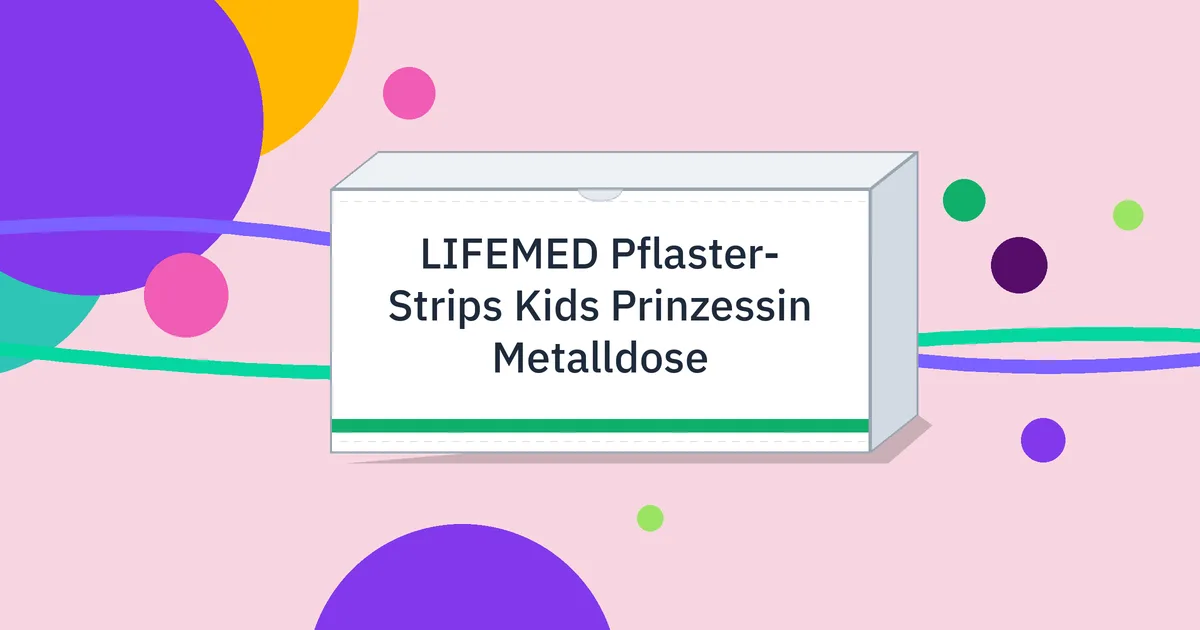 Symbolbild: Packung mit der Aufschrift LIFEMED Pflaster-Strips Kids Prinzessin Metalldose (PZN 19446224) – Verfügbarkeit und Bezug in Apotheken in Frankfurt am Main
