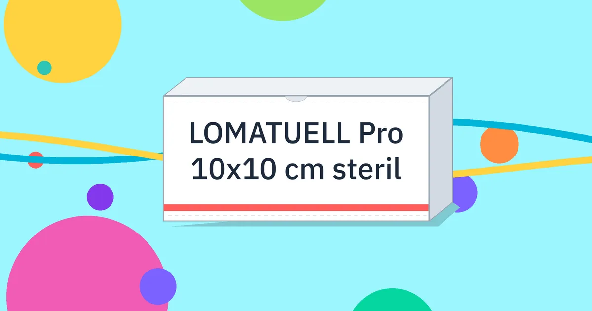 Symbolbild: Packung mit der Aufschrift LOMATUELL Pro 10x10 cm steril (PZN 19975684) – Verfügbarkeit und Bezug in Apotheken in Frankfurt am Main