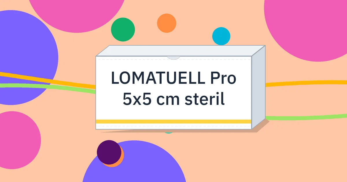 Symbolbild: Packung mit der Aufschrift LOMATUELL Pro 5x5 cm steril (PZN 19503838) – Verfügbarkeit und Bezug in Apotheken in Frankfurt am Main