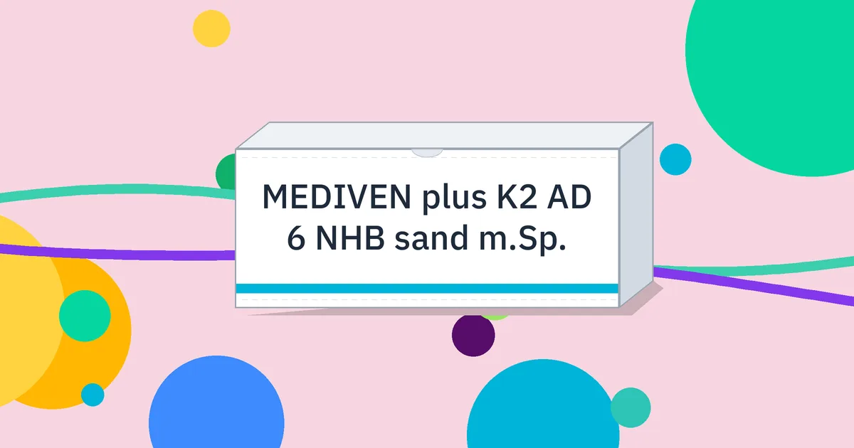 Symbolbild: Packung mit der Aufschrift MEDIVEN plus K2 AD 6 NHB sand m.Sp. (PZN 18946752) – Verfügbarkeit und Bezug in Apotheken in Frankfurt am Main