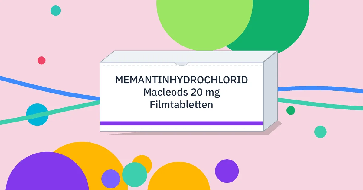 Symbolbild: Packung mit der Aufschrift MEMANTINHYDROCHLORID Macleods 20 mg Filmtabletten (PZN 18439392) – Verfügbarkeit und Bezug in Apotheken in Frankfurt am Main
