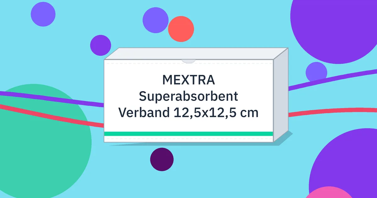 Symbolbild: Packung mit der Aufschrift MEXTRA Superabsorbent Verband 12,5x12,5 cm (PZN 14333981) – Verfügbarkeit und Bezug in Apotheken in Frankfurt am Main