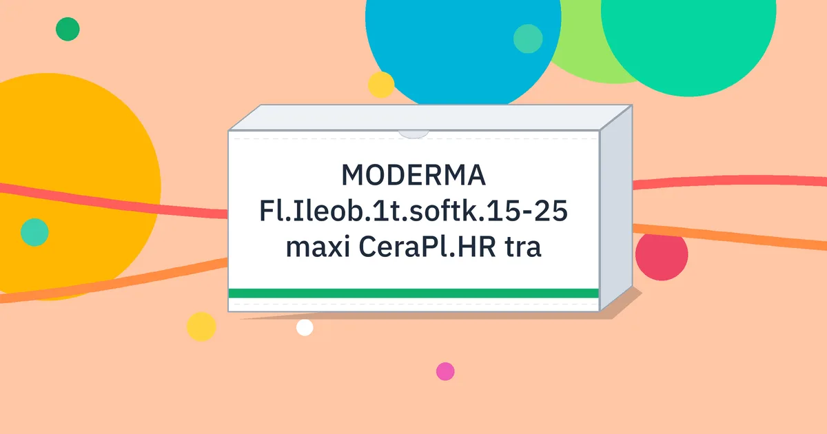 Symbolbild: Packung mit der Aufschrift MODERMA Fl.Ileob.1t.softk.15-25 maxi CeraPl.HR tra (PZN 18182303) – Verfügbarkeit und Bezug in Apotheken in Frankfurt am Main