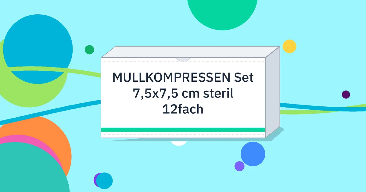 Symbolbild: Packung mit der Aufschrift MULLKOMPRESSEN Set 7,5x7,5 cm steril 12fach (PZN 09945966) – Verfügbarkeit und Bezug in Apotheken in Frankfurt am Main