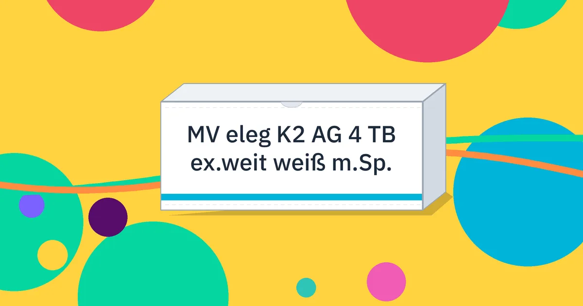 Symbolbild: Packung mit der Aufschrift MV eleg K2 AG 4 TB ex.weit weiß m.Sp. (PZN 09878224) – Verfügbarkeit und Bezug in Apotheken in Frankfurt am Main