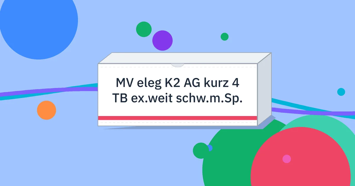 Symbolbild: Packung mit der Aufschrift MV eleg K2 AG kurz 4 TB ex.weit schw.m.Sp. (PZN 09880847) – Verfügbarkeit und Bezug in Apotheken in Frankfurt am Main