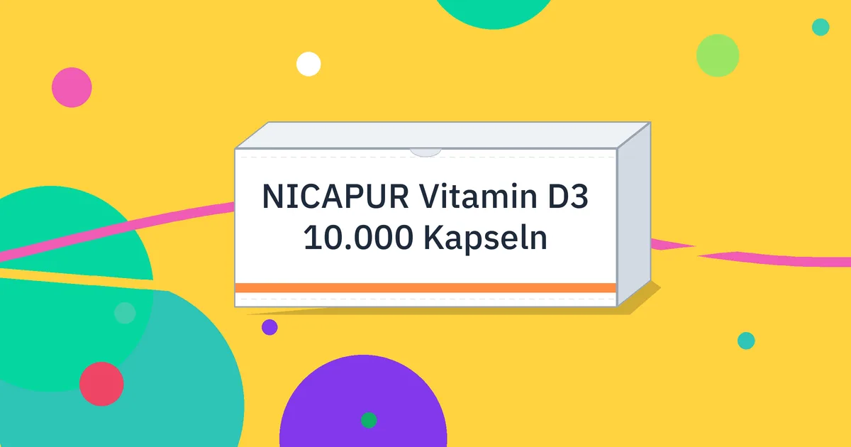 Symbolbild: Packung mit der Aufschrift NICAPUR Vitamin D3 10.000 Kapseln (PZN 15863385) – Verfügbarkeit und Bezug in Apotheken in Frankfurt am Main