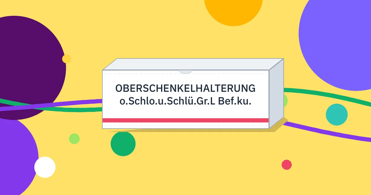 Symbolbild: Packung mit der Aufschrift OBERSCHENKELHALTERUNG o.Schlo.u.Schlü.Gr.L Bef.ku. (PZN 14298322) – Verfügbarkeit und Bezug in Apotheken in Frankfurt am Main