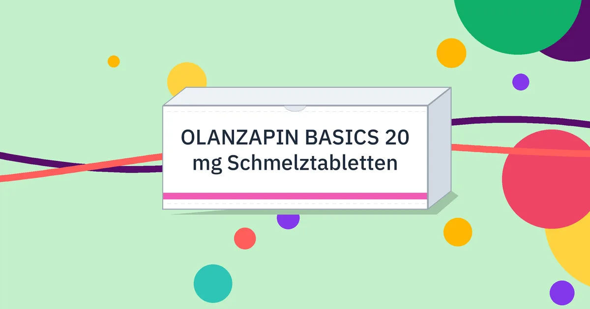 Symbolbild: Packung mit der Aufschrift OLANZAPIN BASICS 20 mg Schmelztabletten (PZN 08844795) – Verfügbarkeit und Bezug in Apotheken in Frankfurt am Main