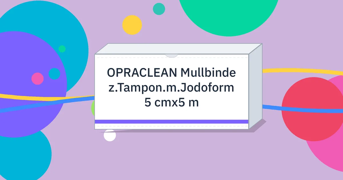 Symbolbild: Packung mit der Aufschrift OPRACLEAN Mullbinde z.Tampon.m.Jodoform 5 cmx5 m (PZN 17900908) – Verfügbarkeit und Bezug in Apotheken in Frankfurt am Main