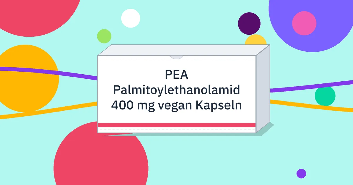 Symbolbild: Packung mit der Aufschrift PEA Palmitoylethanolamid 400 mg vegan Kapseln (PZN 16927615) – Verfügbarkeit und Bezug in Apotheken in Frankfurt am Main