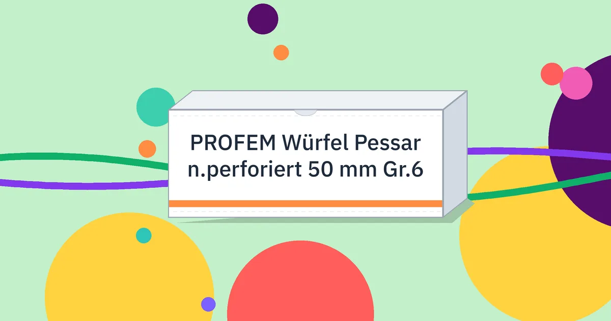 Symbolbild: Packung mit der Aufschrift PROFEM Würfel Pessar n.perforiert 50 mm Gr.6 (PZN 11672903) – Verfügbarkeit und Bezug in Apotheken in Frankfurt am Main