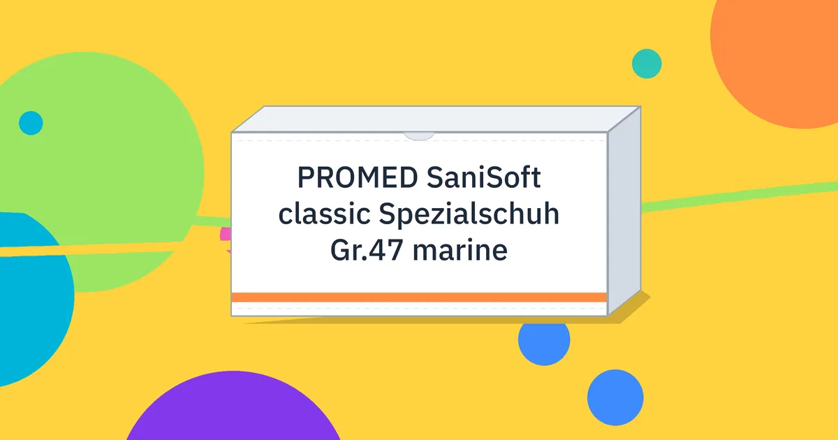 Symbolbild: Packung mit der Aufschrift PROMED SaniSoft classic Spezialschuh Gr.47 marine (PZN 19274295) – Verfügbarkeit und Bezug in Apotheken in Frankfurt am Main