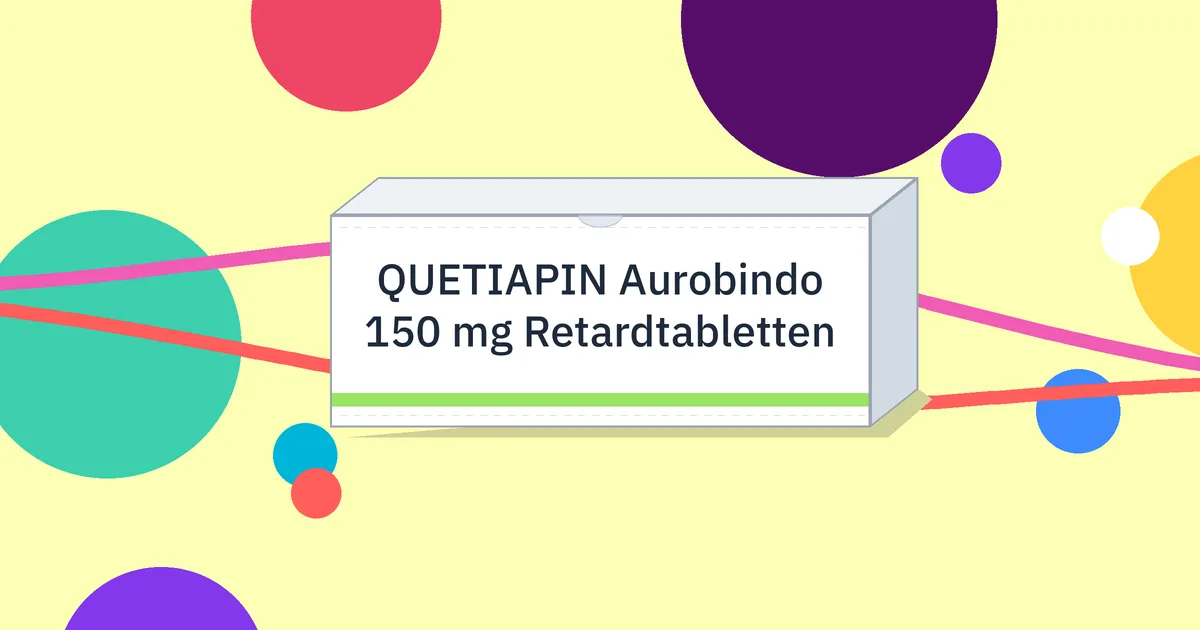 Symbolbild: Packung mit der Aufschrift QUETIAPIN Aurobindo 150 mg Retardtabletten (PZN 18428750) – Verfügbarkeit und Bezug in Apotheken in Frankfurt am Main