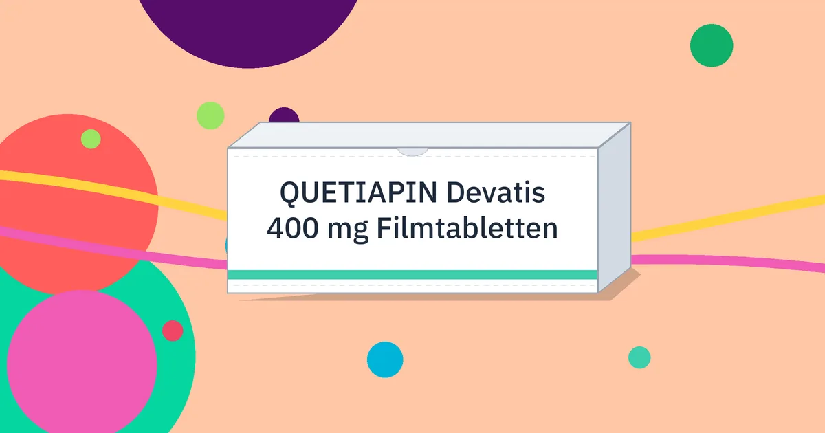 Symbolbild: Packung mit der Aufschrift QUETIAPIN Devatis 400 mg Filmtabletten (PZN 17235859) – Verfügbarkeit und Bezug in Apotheken in Frankfurt am Main