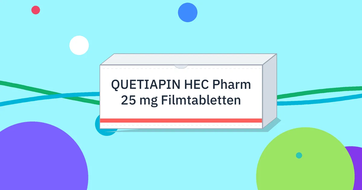 Symbolbild: Packung mit der Aufschrift QUETIAPIN HEC Pharm 25 mg Filmtabletten (PZN 20523102) – Verfügbarkeit und Bezug in Apotheken in Frankfurt am Main