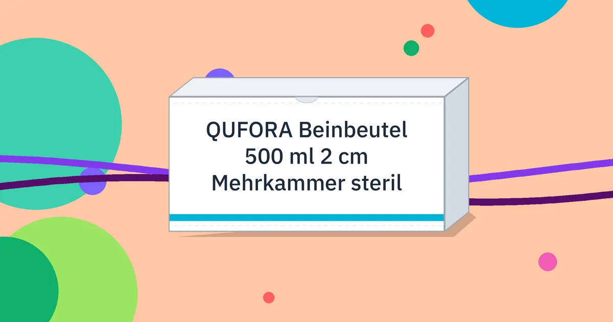 Symbolbild: Packung mit der Aufschrift QUFORA Beinbeutel 500 ml 2 cm Mehrkammer steril (PZN 06092871) – Verfügbarkeit und Bezug in Apotheken in Frankfurt am Main
