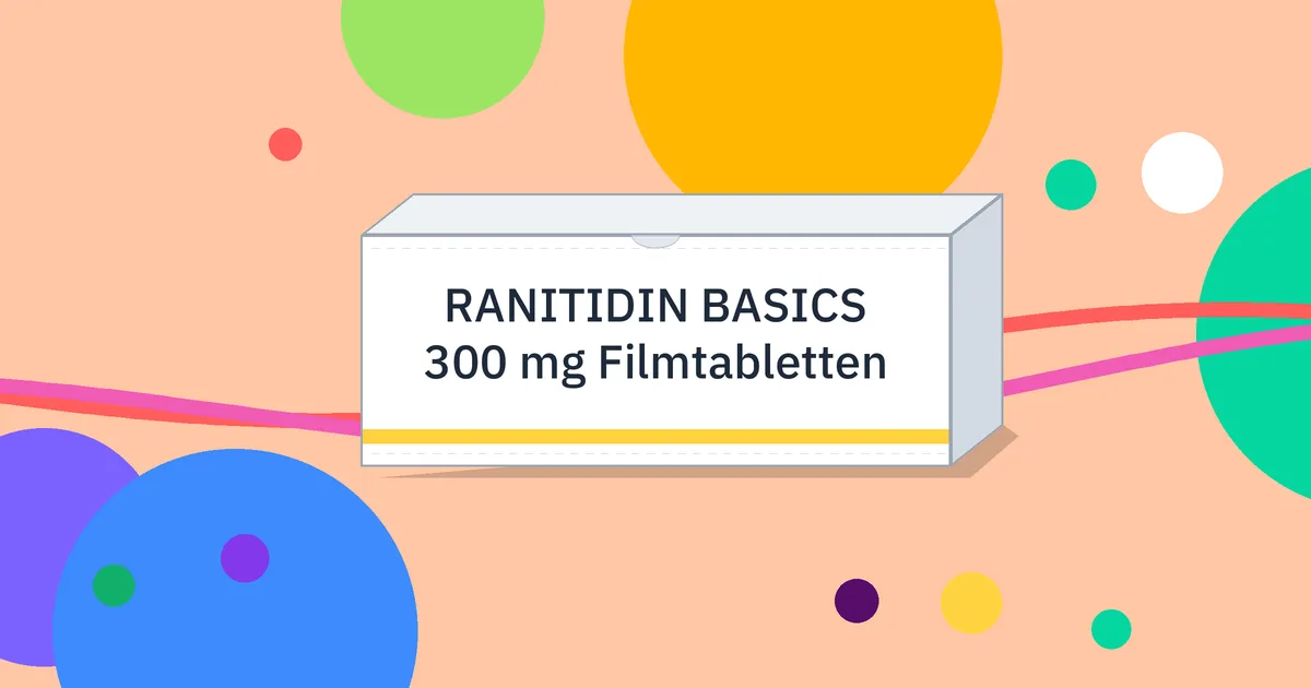 Symbolbild: Packung mit der Aufschrift RANITIDIN BASICS 300 mg Filmtabletten (PZN 07568011) – Verfügbarkeit und Bezug in Apotheken in Frankfurt am Main