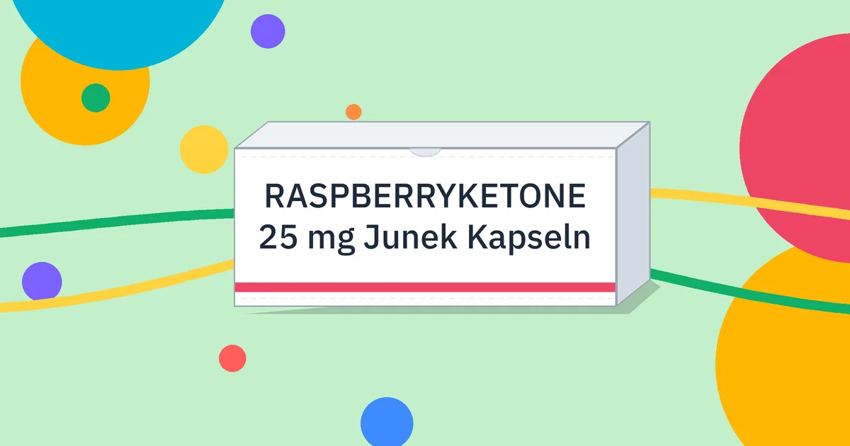 Symbolbild: Packung mit der Aufschrift RASPBERRYKETONE 25 mg Junek Kapseln (PZN 10977233) – Verfügbarkeit und Bezug in Apotheken in Frankfurt am Main