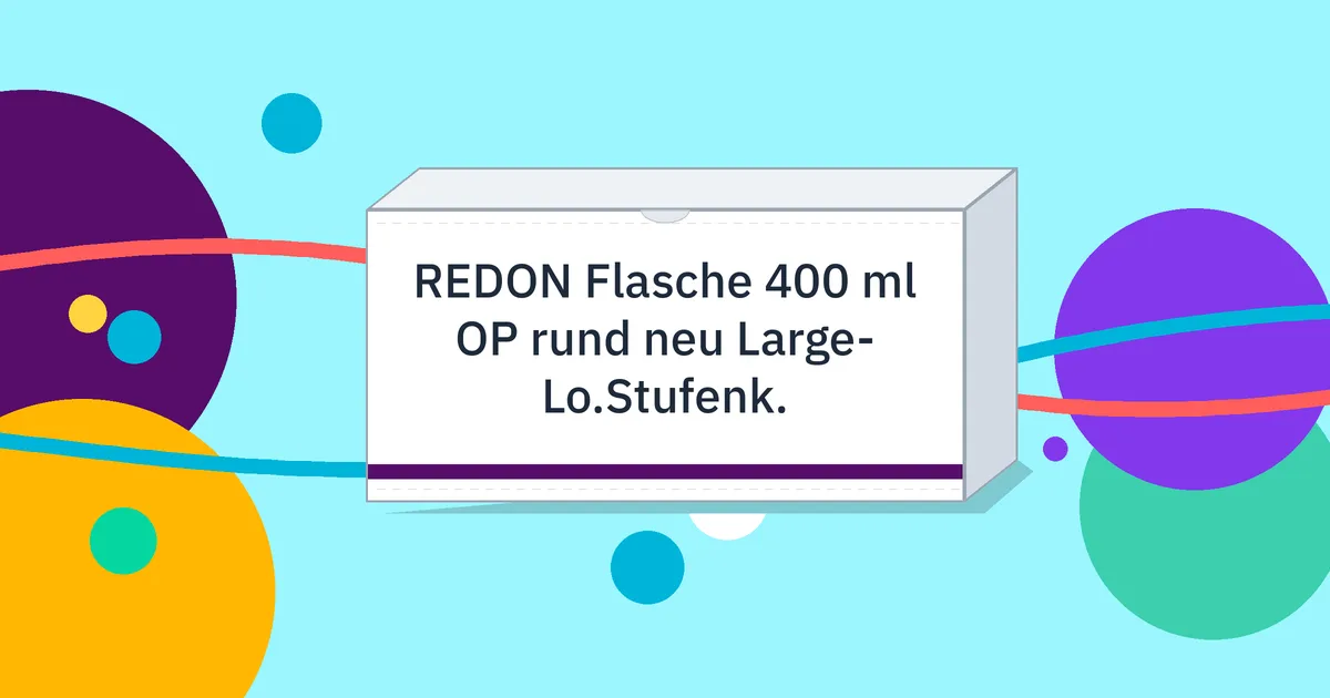 Symbolbild: Packung mit der Aufschrift REDON Flasche 400 ml OP rund neu Large-Lo.Stufenk. (PZN 18054775) – Verfügbarkeit und Bezug in Apotheken in Frankfurt am Main