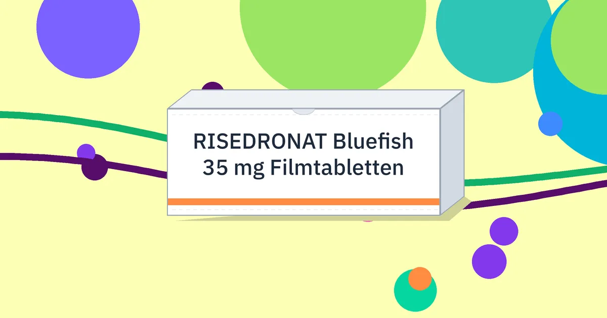 Symbolbild: Packung mit der Aufschrift RISEDRONAT Bluefish 35 mg Filmtabletten (PZN 08472508) – Verfügbarkeit und Bezug in Apotheken in Frankfurt am Main