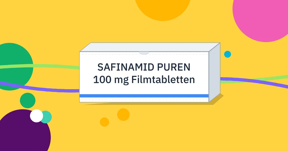 Symbolbild: Packung mit der Aufschrift SAFINAMID PUREN 100 mg Filmtabletten (PZN 19645449) – Verfügbarkeit und Bezug in Apotheken in Frankfurt am Main
