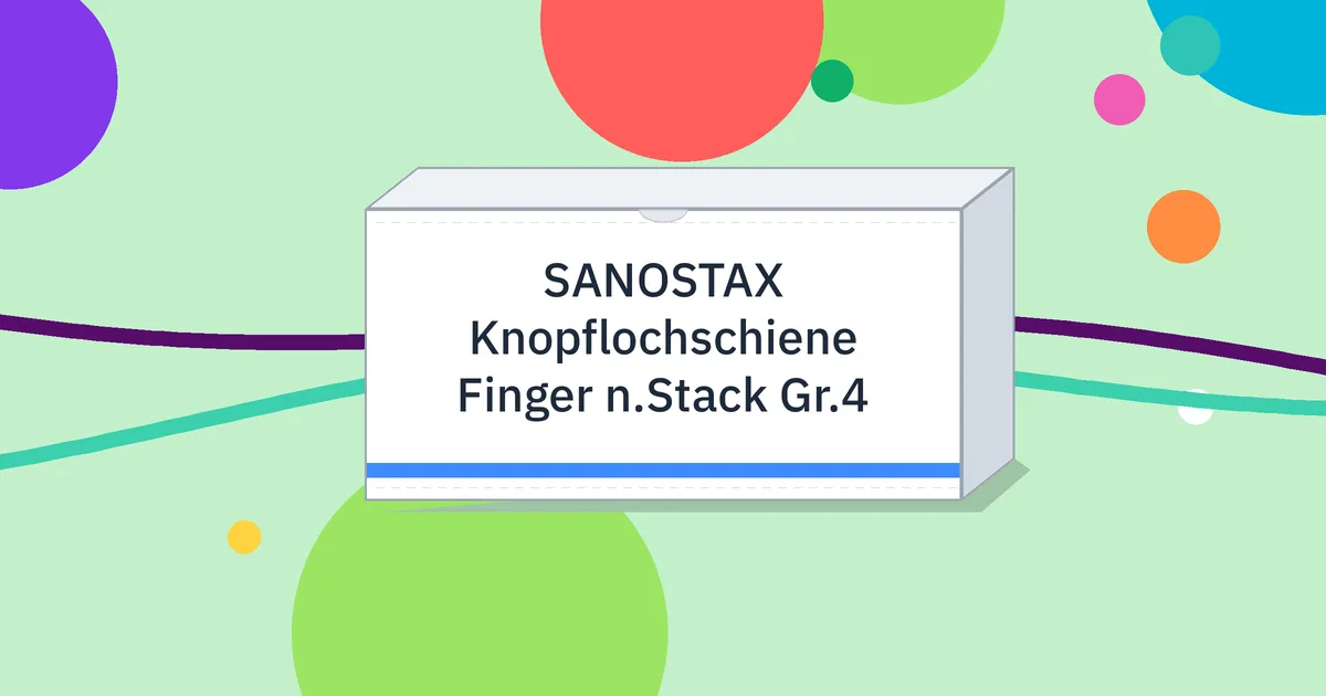 Symbolbild: Packung mit der Aufschrift SANOSTAX Knopflochschiene Finger n.Stack Gr.4 (PZN 15999989) – Verfügbarkeit und Bezug in Apotheken in Frankfurt am Main