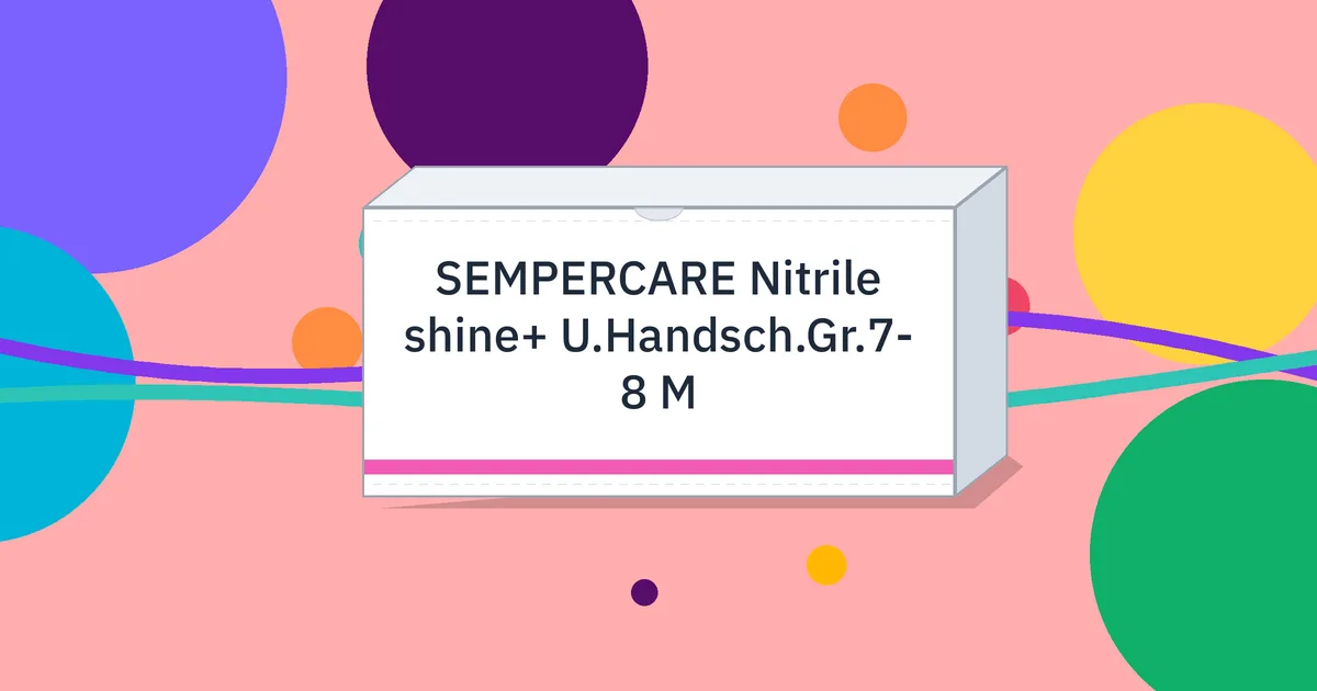 Symbolbild: Packung mit der Aufschrift SEMPERCARE Nitrile shine+ U.Handsch.Gr.7-8 M (PZN 10758732) – Verfügbarkeit und Bezug in Apotheken in Frankfurt am Main