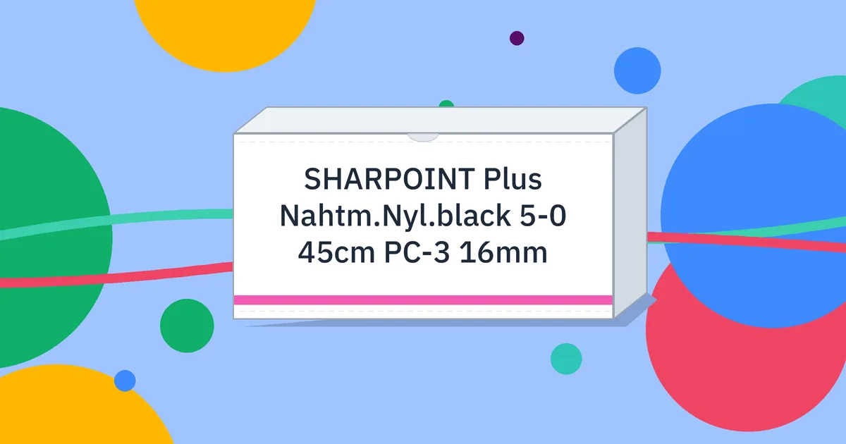 Symbolbild: Packung mit der Aufschrift SHARPOINT Plus Nahtm.Nyl.black 5-0 45cm PC-3 16mm (PZN 17984489) – Verfügbarkeit und Bezug in Apotheken in Frankfurt am Main
