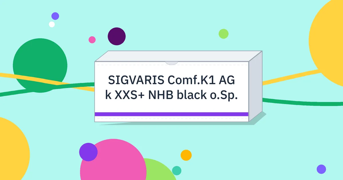 Symbolbild: Packung mit der Aufschrift SIGVARIS Comf.K1 AG k XXS+ NHB black o.Sp. (PZN 17099681) – Verfügbarkeit und Bezug in Apotheken in Frankfurt am Main
