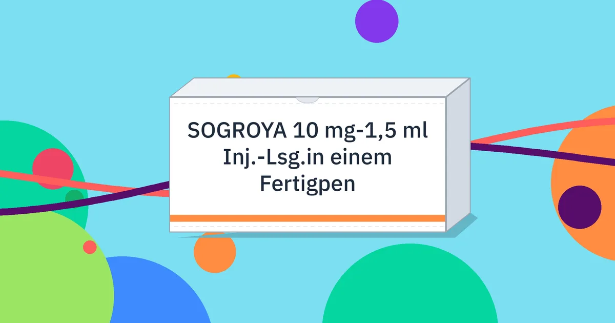 Symbolbild: Packung mit der Aufschrift SOGROYA 10 mg-1,5 ml Inj.-Lsg.in einem Fertigpen (PZN 18817457) – Verfügbarkeit und Bezug in Apotheken in Frankfurt am Main