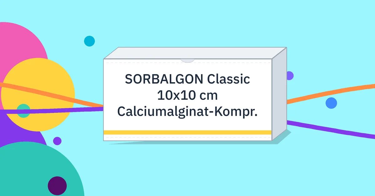 Symbolbild: Packung mit der Aufschrift SORBALGON Classic 10x10 cm Calciumalginat-Kompr. (PZN 19294665) – Verfügbarkeit und Bezug in Apotheken in Frankfurt am Main