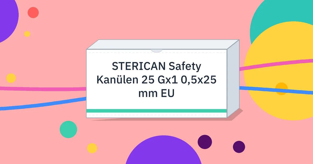 Symbolbild: Packung mit der Aufschrift STERICAN Safety Kanülen 25 Gx1 0,5x25 mm EU (PZN 15565699) – Verfügbarkeit und Bezug in Apotheken in Frankfurt am Main