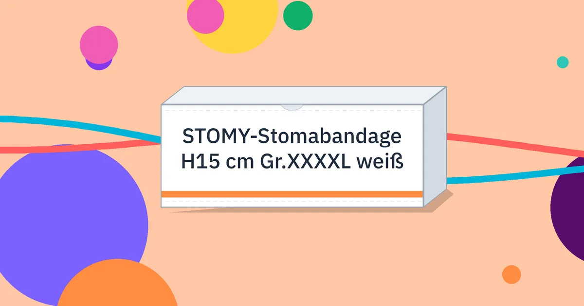 Symbolbild: Packung mit der Aufschrift STOMY-Stomabandage H15 cm Gr.XXXXL weiß (PZN 16314812) – Verfügbarkeit und Bezug in Apotheken in Frankfurt am Main