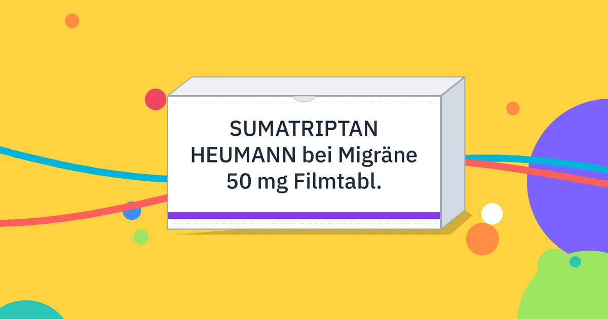 Symbolbild: Packung mit der Aufschrift SUMATRIPTAN HEUMANN bei Migräne 50 mg Filmtabl. (PZN 17505885) – Verfügbarkeit und Bezug in Apotheken in Frankfurt am Main